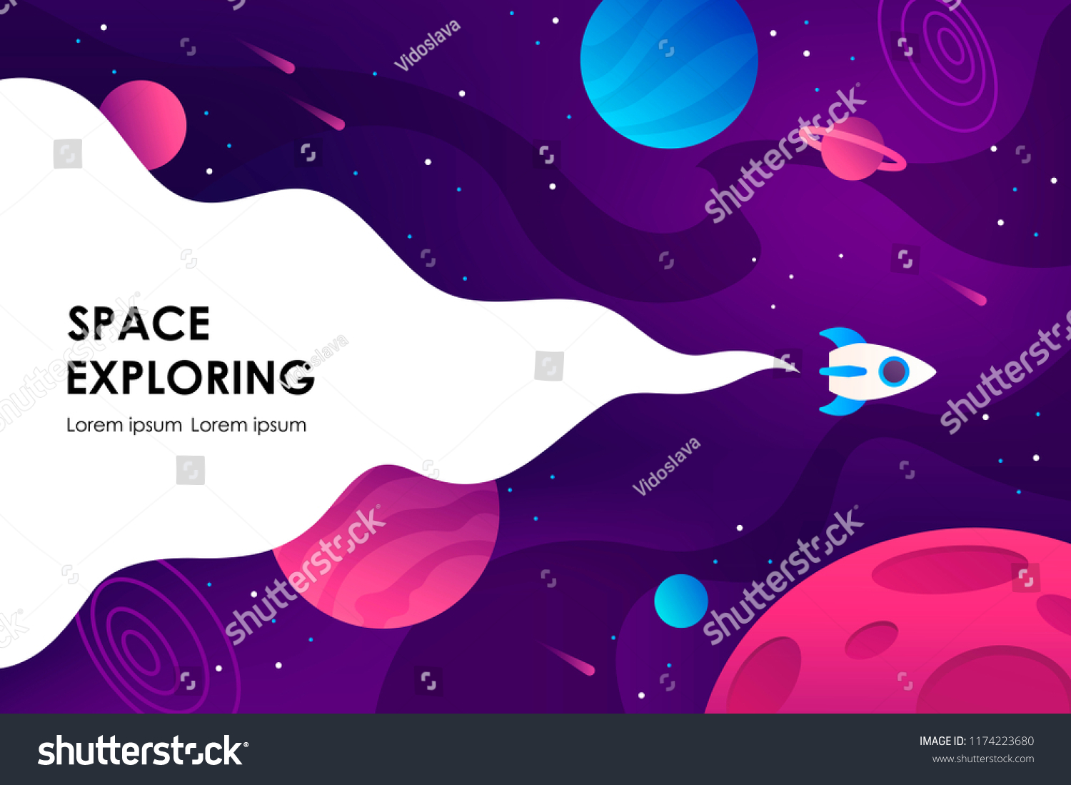 水平空间背景与抽象的形状和行星。 网页设计空间探索矢量插图 库存矢量图（免版税）1174223680 | Shutterstock