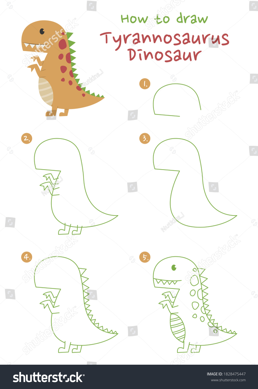 How Draw Tyrannosaurus Rex Dinosaur Vector 库存矢量图(免版税)1828475447