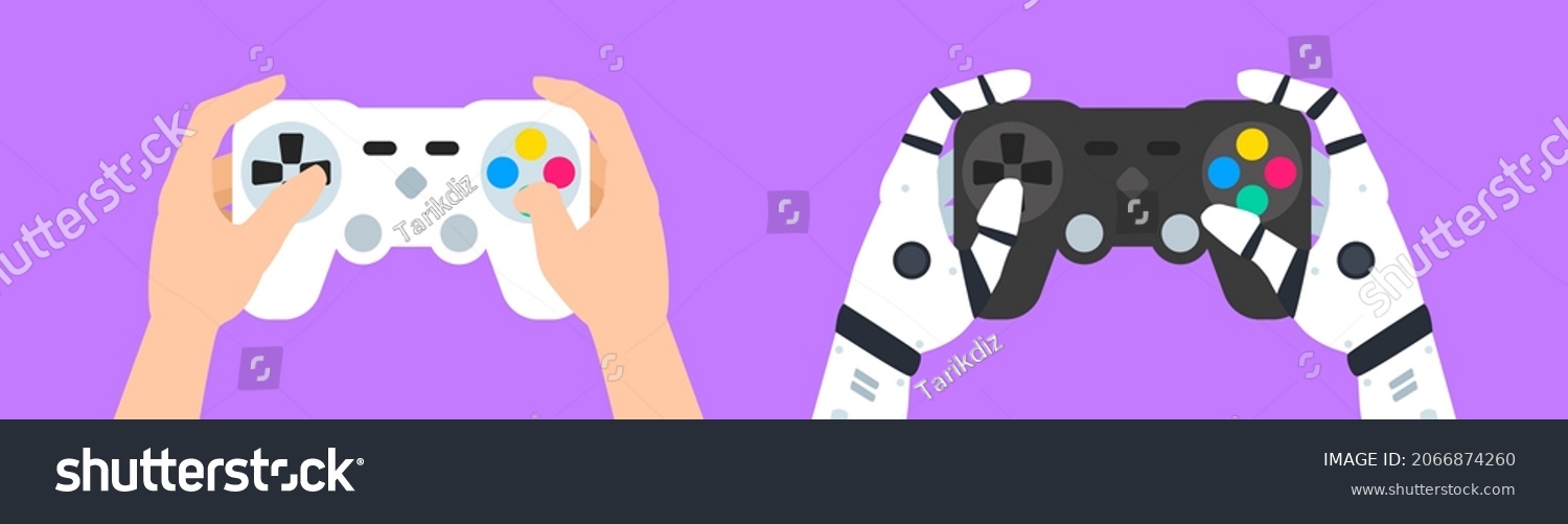 Human Robotic Hands Holding Video Game Stock Vector (Royalty Free ...
