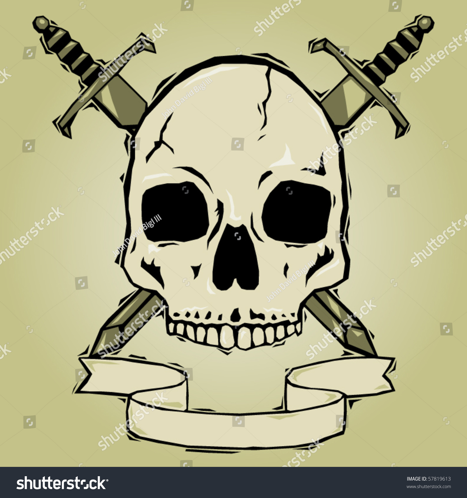 Human Skull With Crossed Swords And Banner In Woodcut Tattoo Style