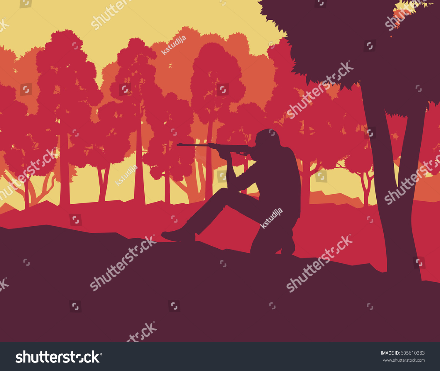 Hunter Gun Forest Trees Landscape Vector Stock Vector (Royalty Free ...
