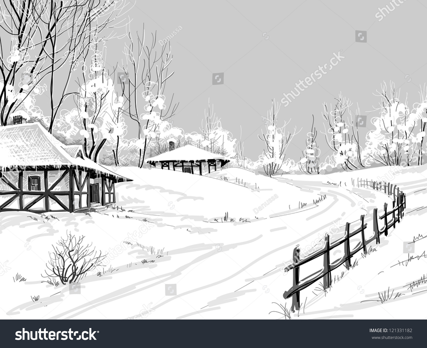Vektor Stok Idyllic Winter Landscape Vector Hand Drawing (Tanpa Royalti ...