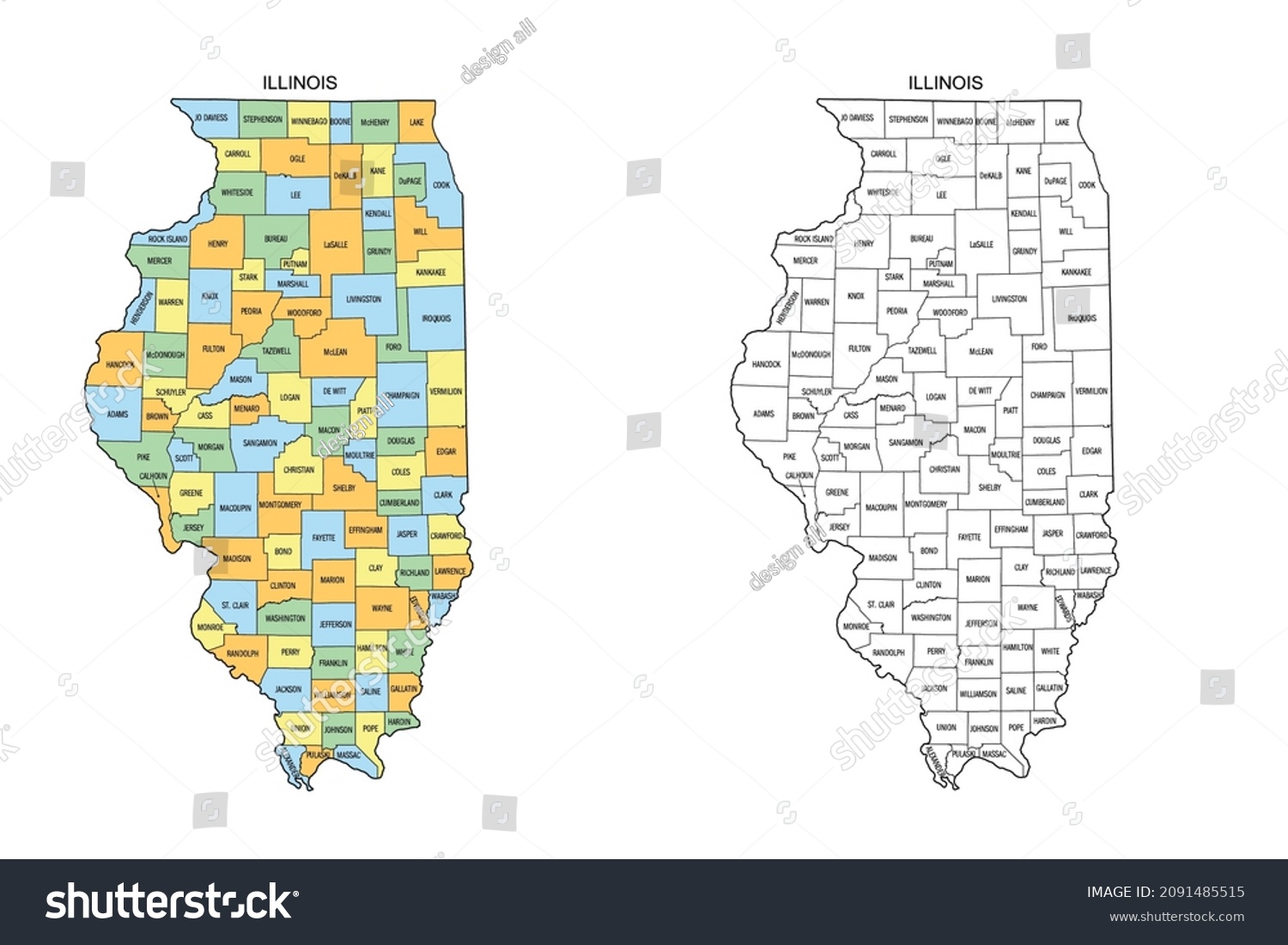 Illinois Map County Lines Color Stock Vector Royalty Free 2091485515 Shutterstock