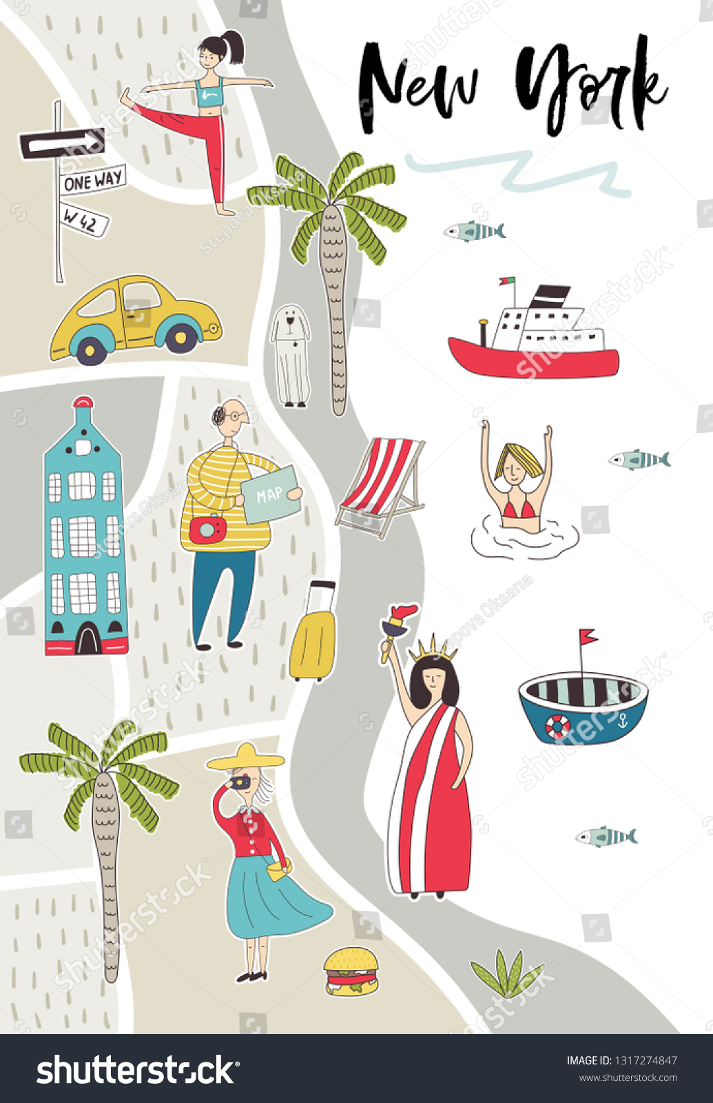Illustrated Map New York Cute Fun Stock Vector (Royalty Free) 1317274847 Illustrated Map New York Cute Fun Stock Vector (Royalty Free) 1317274847
