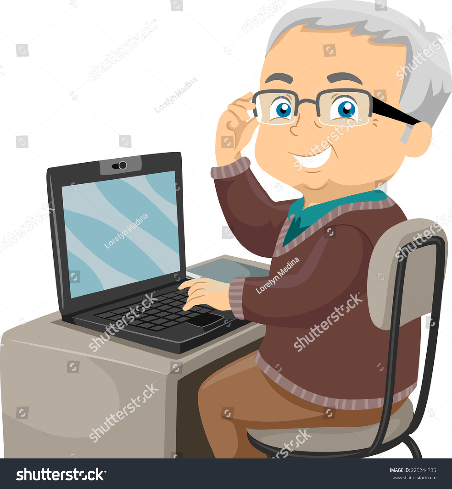Illustration Featuring Elderly Male Using Computer: เวกเตอร์สต็อก (ปลอด ...