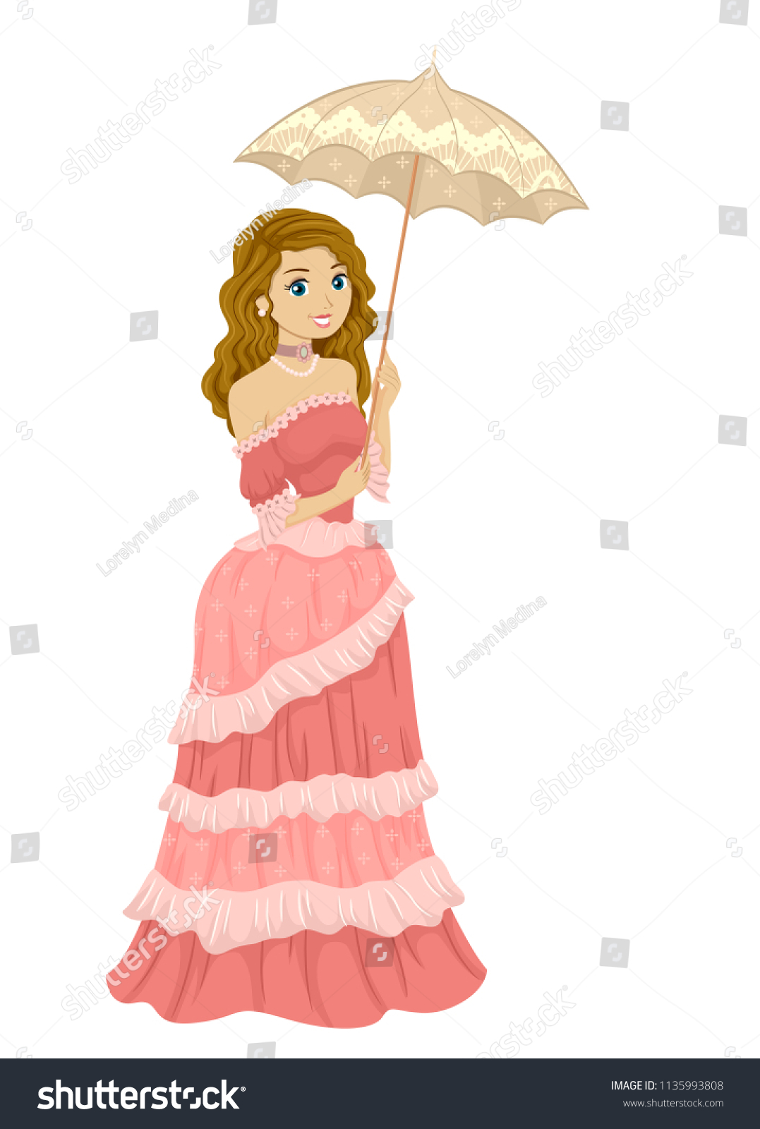 Illustration Teenage Girl Victorian Dress Holding เวกเตอร์สต็อก ปลอด