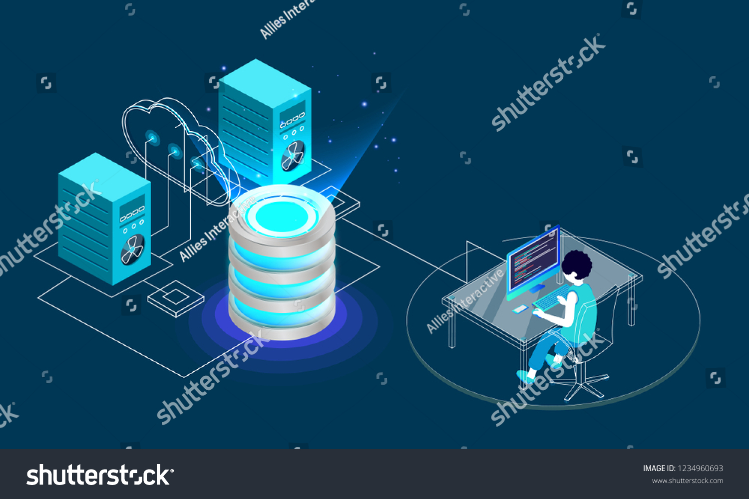 Vektor Stok Illustration Cloud Server Connected Database Miniature ...