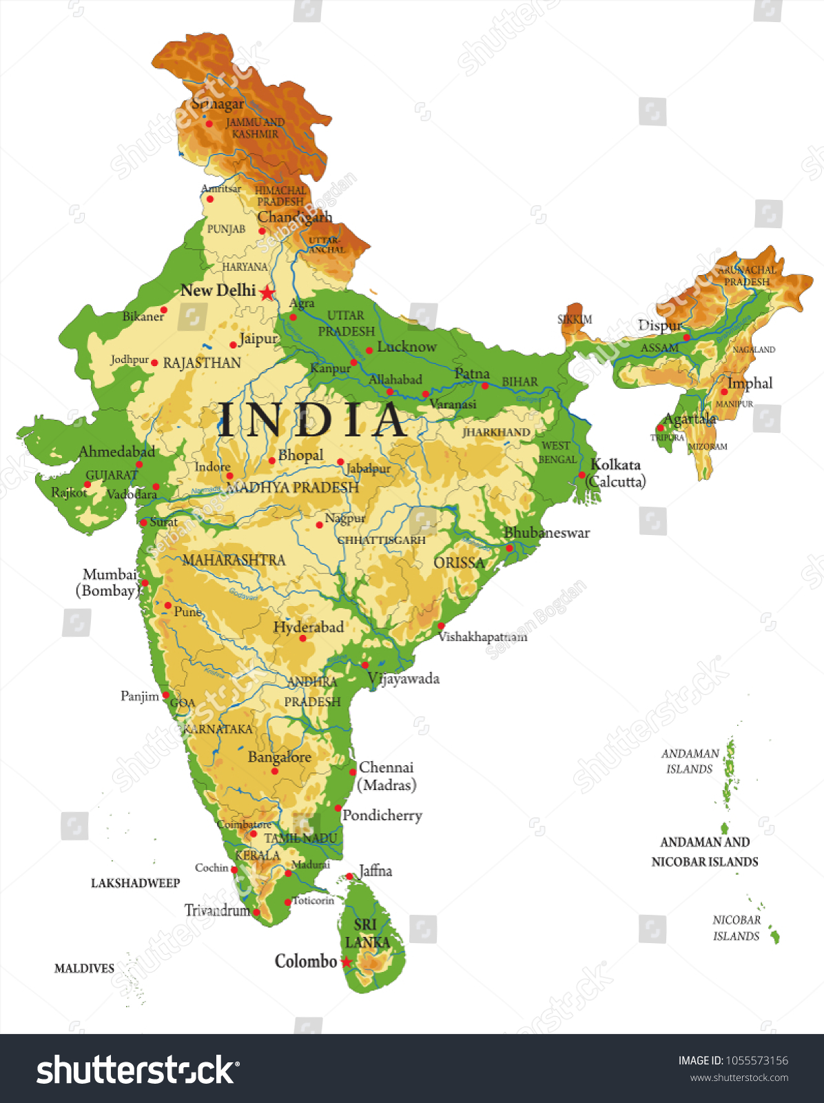India Relief Map: vector de stock (libre de regalías) 1055573156