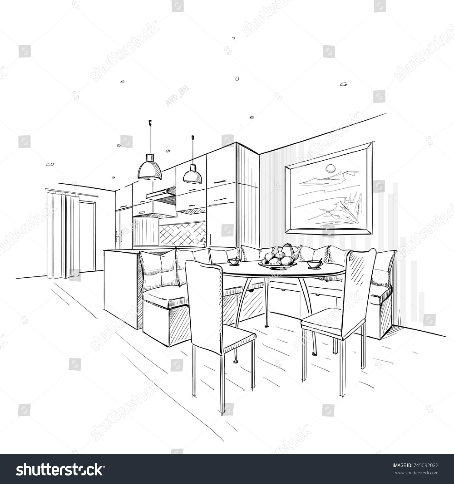 Interior Design Hand Drawn Sketch Stock Vector (Royalty Free) 745092022