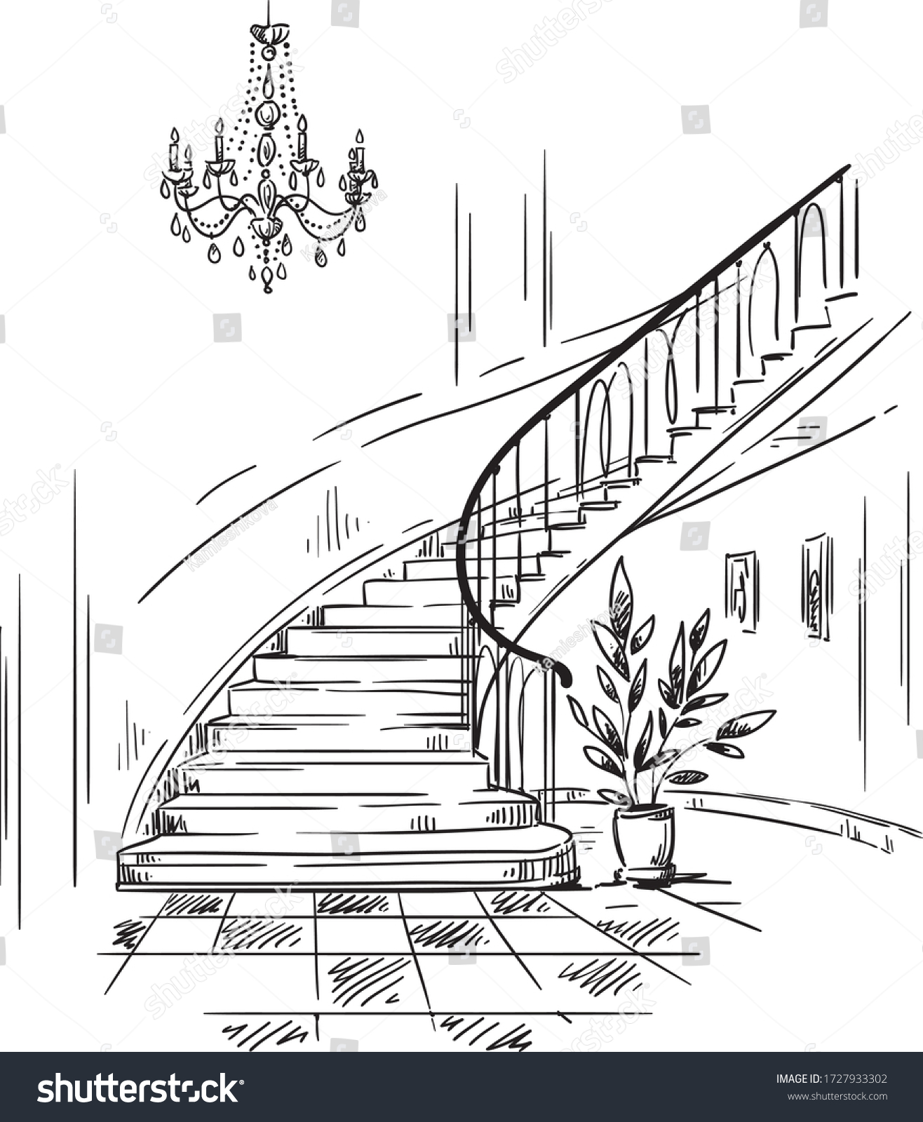 Interior Design Spacious Hall Staircase Drawing Stock Vector (Royalty ...