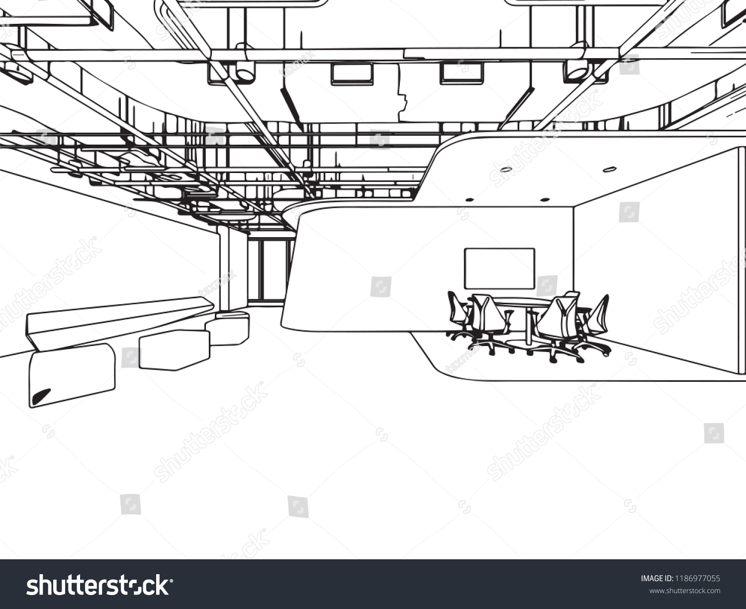 Vektor Stok Interior Outline Wireframe Sketch Drawing Perspective ...