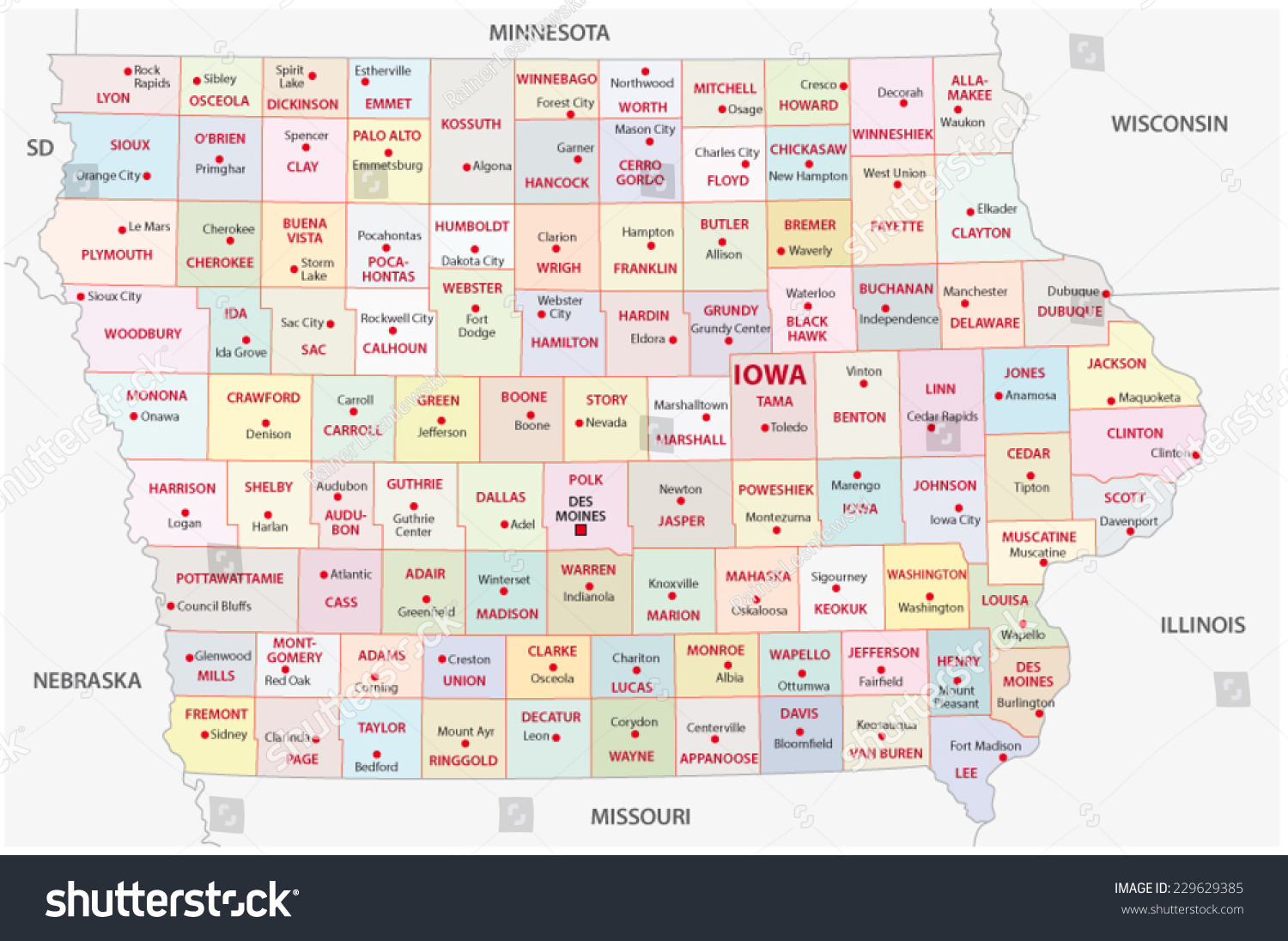 Iowa Administrative Map Stock Vector (Royalty Free) 229629385