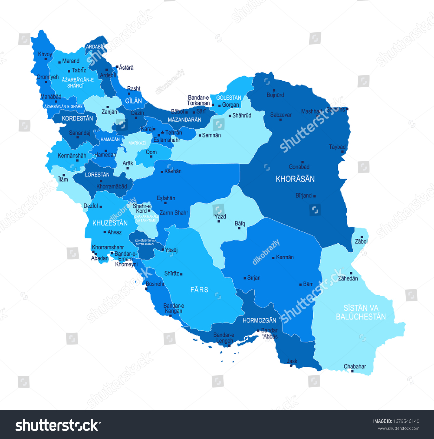Iran Map Cities Regions Vector Stock Vector (Royalty Free) 1679546140