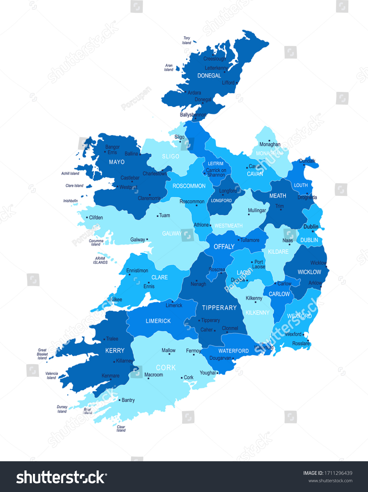 Vektor Stok Ireland Map Cities Regions Vector (Tanpa Royalti ...