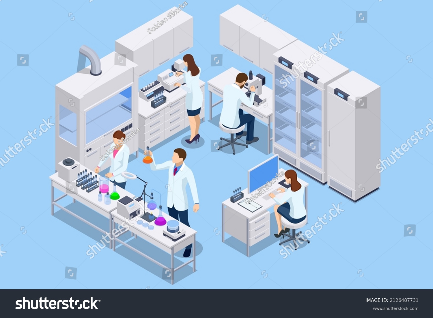 Isometric Chemical Laboratory Concept Laboratory Assistants Stock Vector Royalty Free