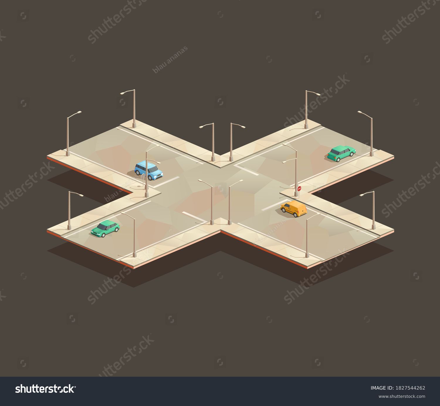 Isometric Fourway Intersection Low Poly Vector Stock Vector (Royalty ...