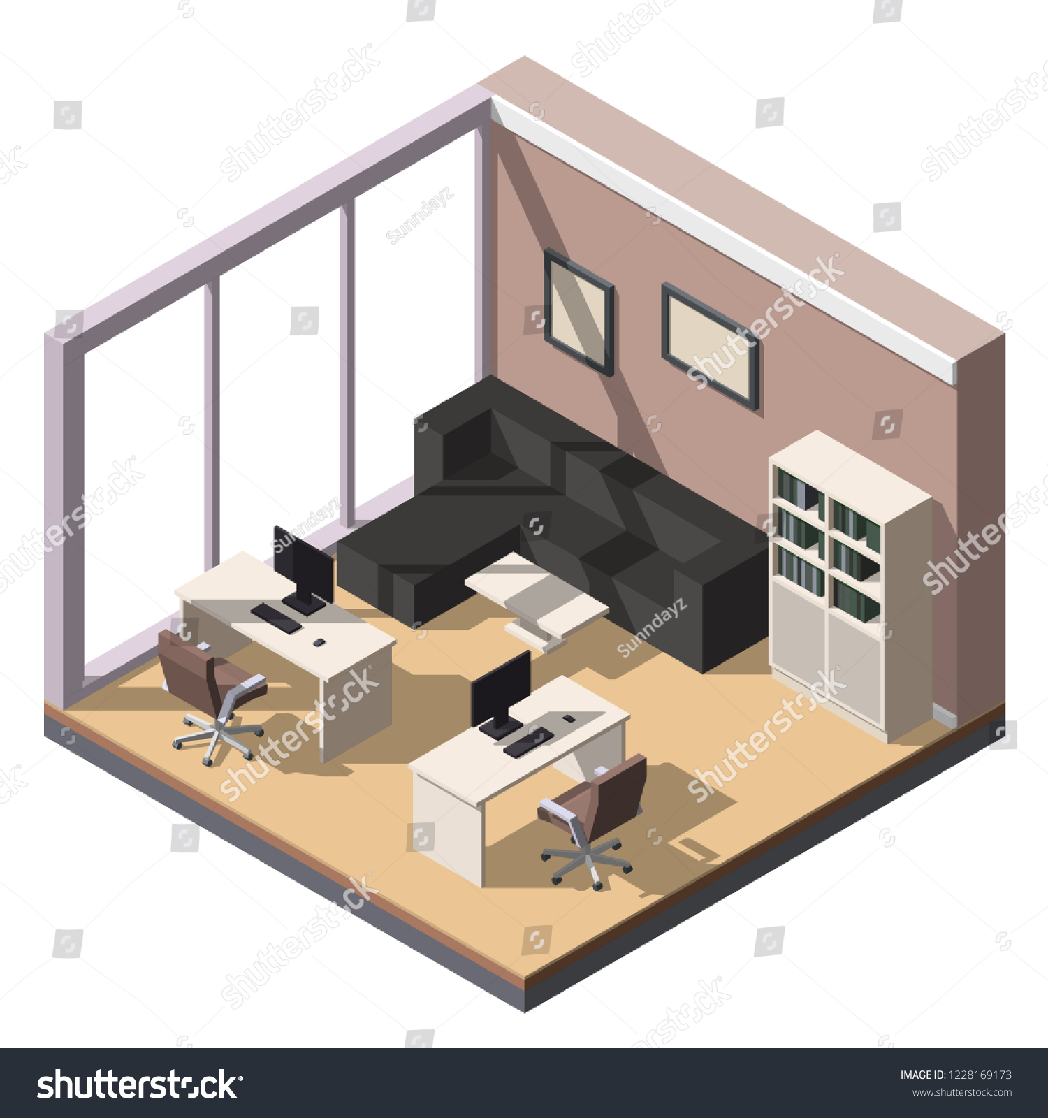 Vektor Stok Isometric Low Poly Office Interior Design (Tanpa Royalti ...