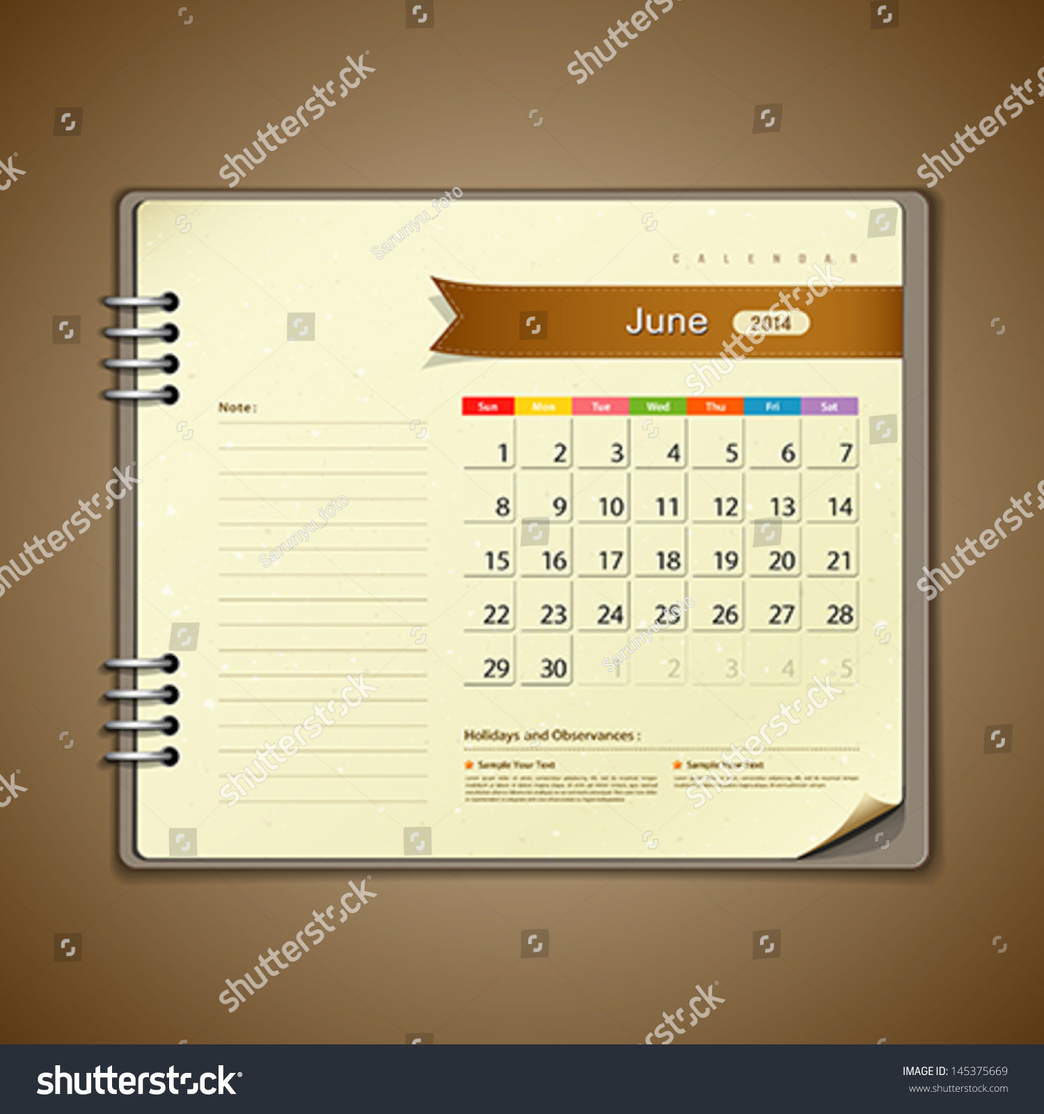 June Calendar Diary Note Paper Vector: เวกเตอร์สต็อก (ปลอดค่าลิขสิทธิ์ ...