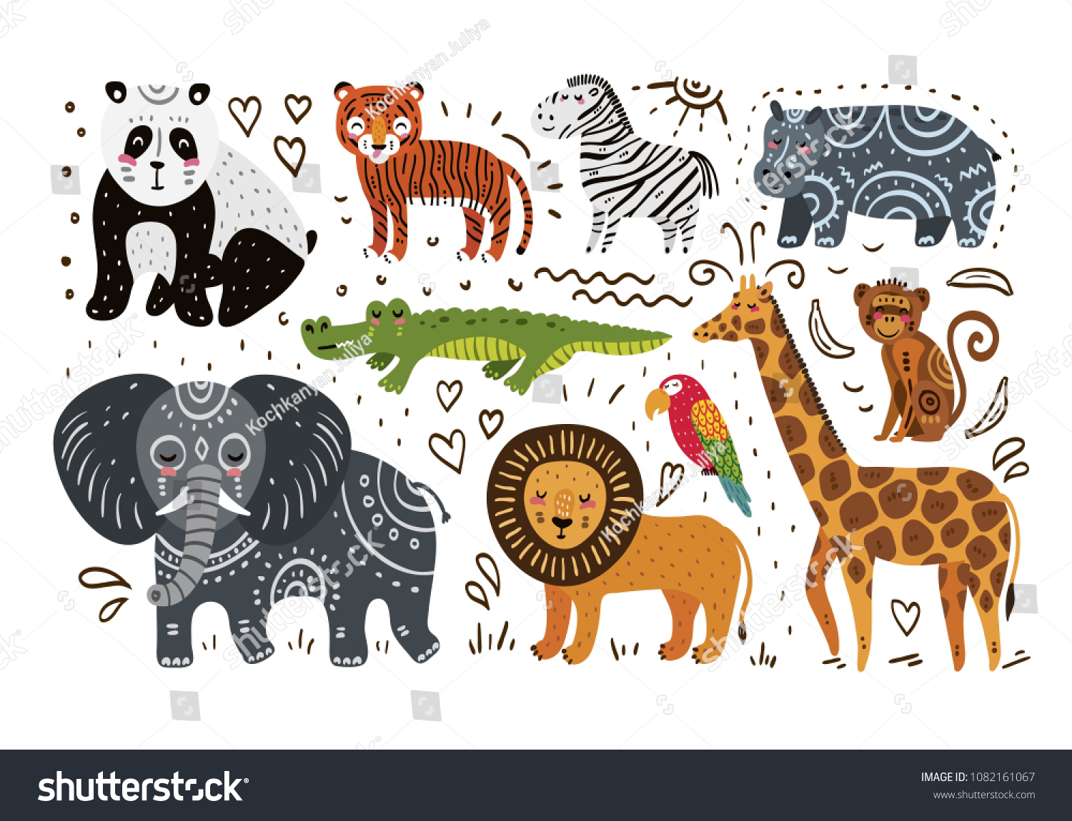 Jungle Animals Hand Drawn Vector Tropical: เวกเตอร์สต็อก (ปลอดค่า ...