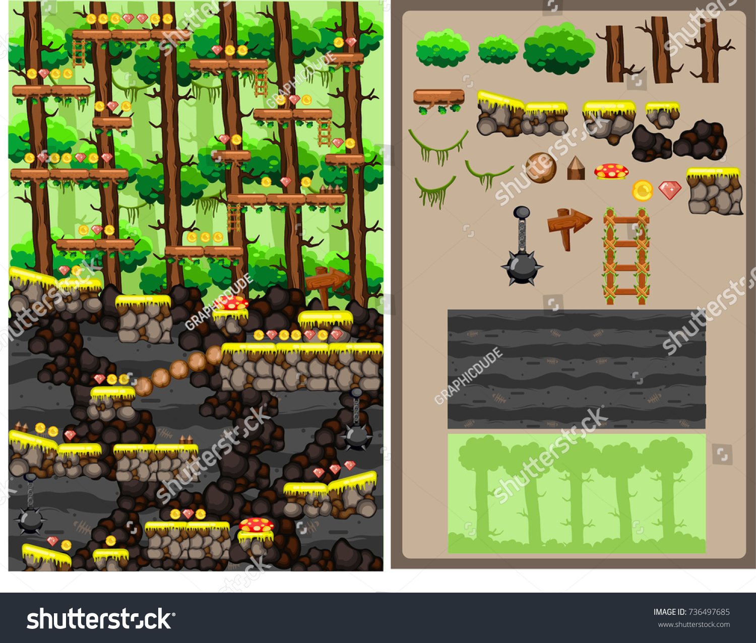 Jungle Cartoon Platform Game Tile Stock Vector (Royalty Free) 736497685 ...