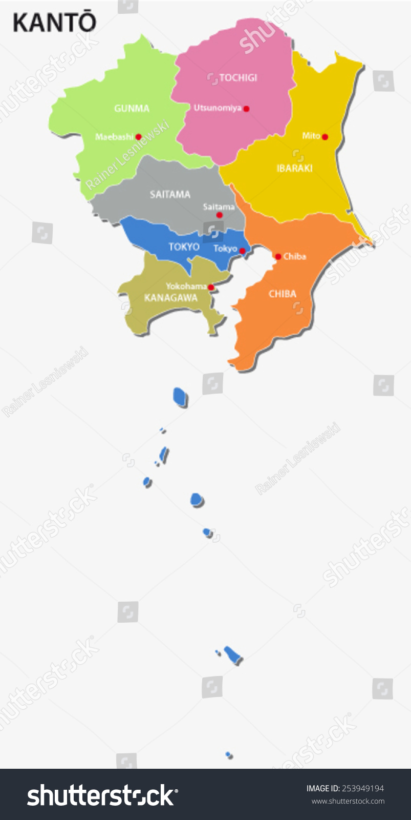 Kanto Region Map Stock Vector Illustration 253949194 : Shutterstock