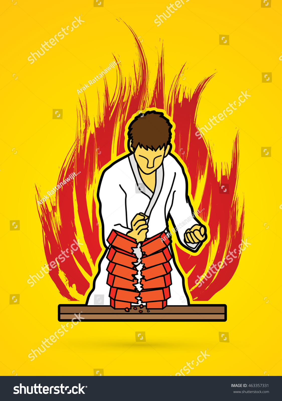 Karate Man Breaking Bricks On Fire Stock Vector (Royalty Free) 463357331