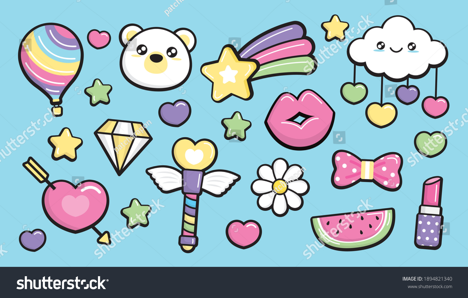 Kawaii Elements Vector Set On Pastel Stock Vector (Royalty Free) 1894821340