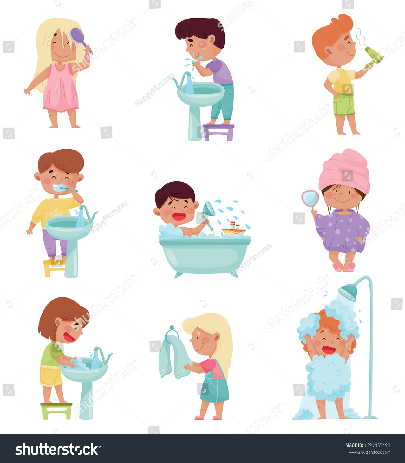 Kid Characters Taking Bath Brushing Teeth 库存矢量图（免版税）1699485493 ...