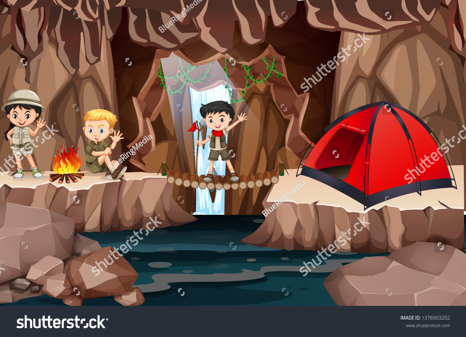 Kid Scouts Exploring Cave Illustration: vector de stock (libre de ...
