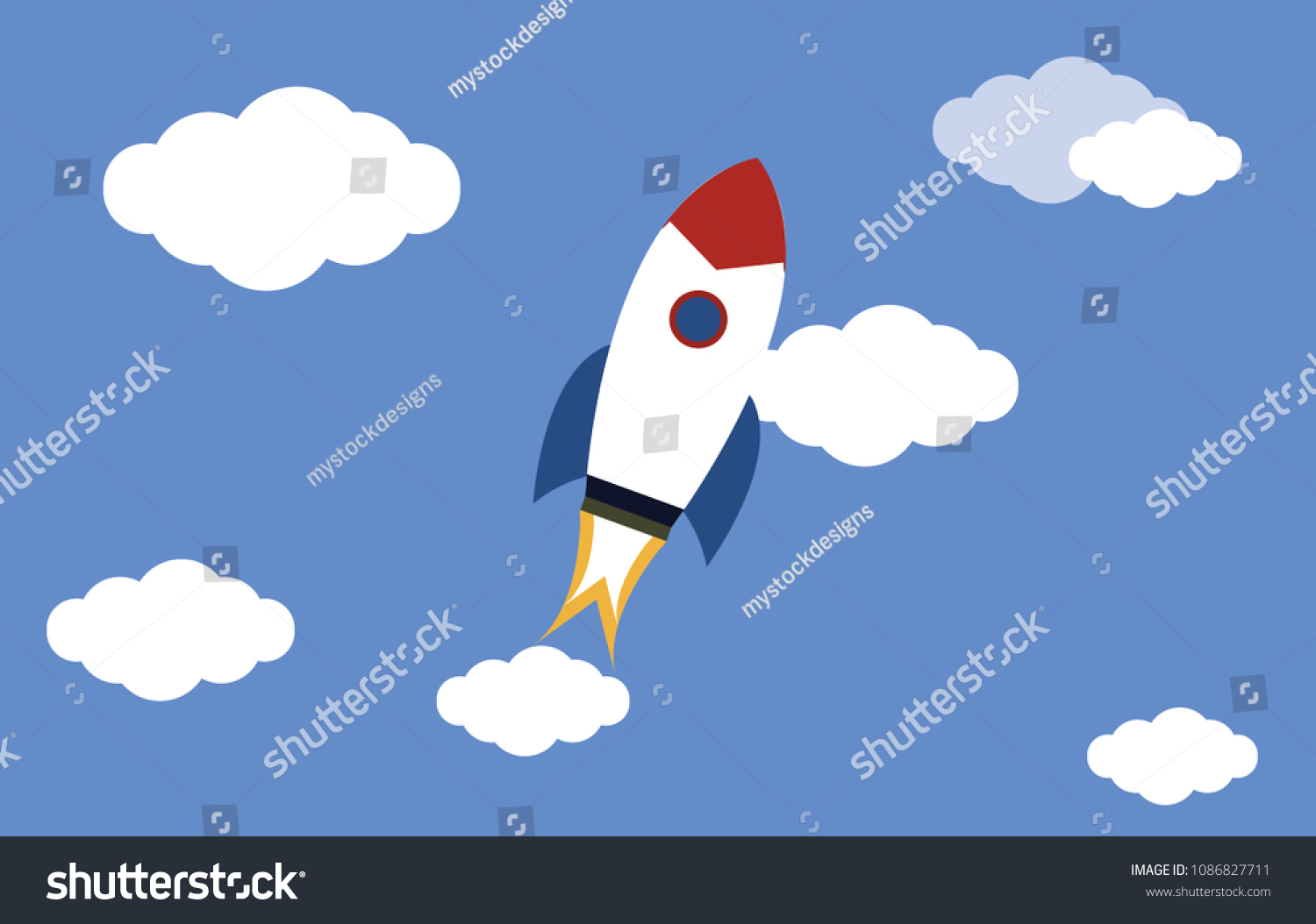 Vektor Stok Kids Cartoon Rocket Clouds Vector (Tanpa Royalti ...