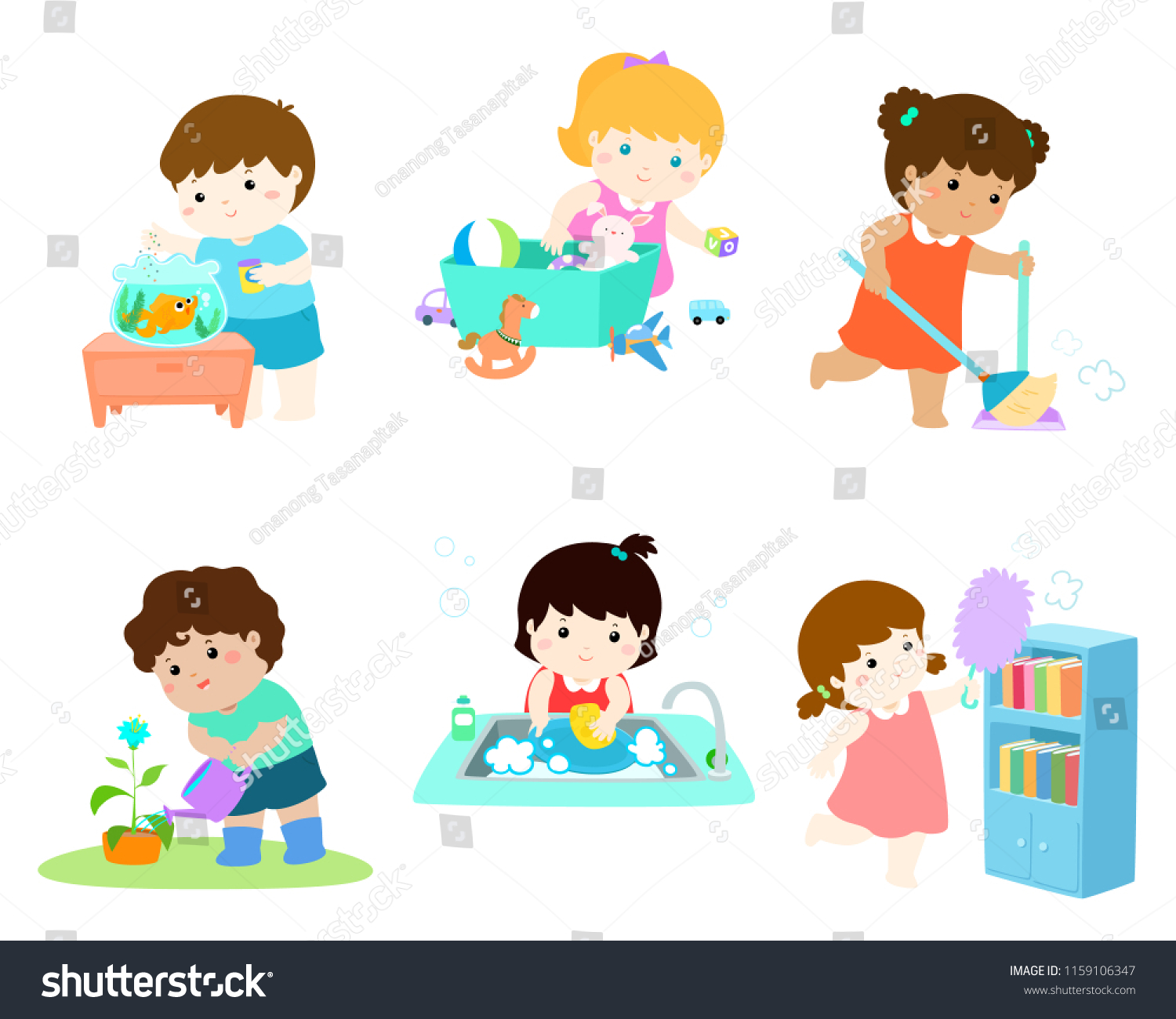 Kids Do Housework Vector Illustration Set Stok Vektör (Telifsiz ...