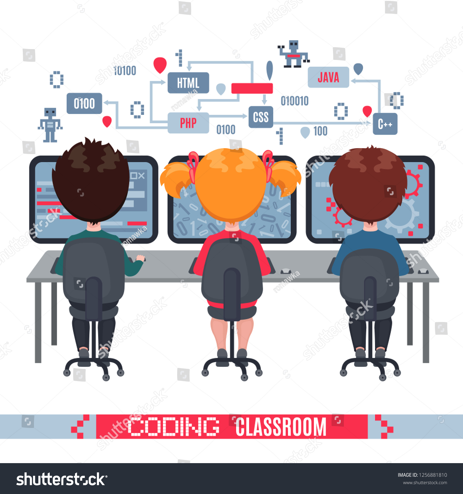 Kids Learn Coding On Laptops School: vetor stock (livre de direitos ... Kids Learn Coding On Laptops School: vetor stock (livre de direitos ...