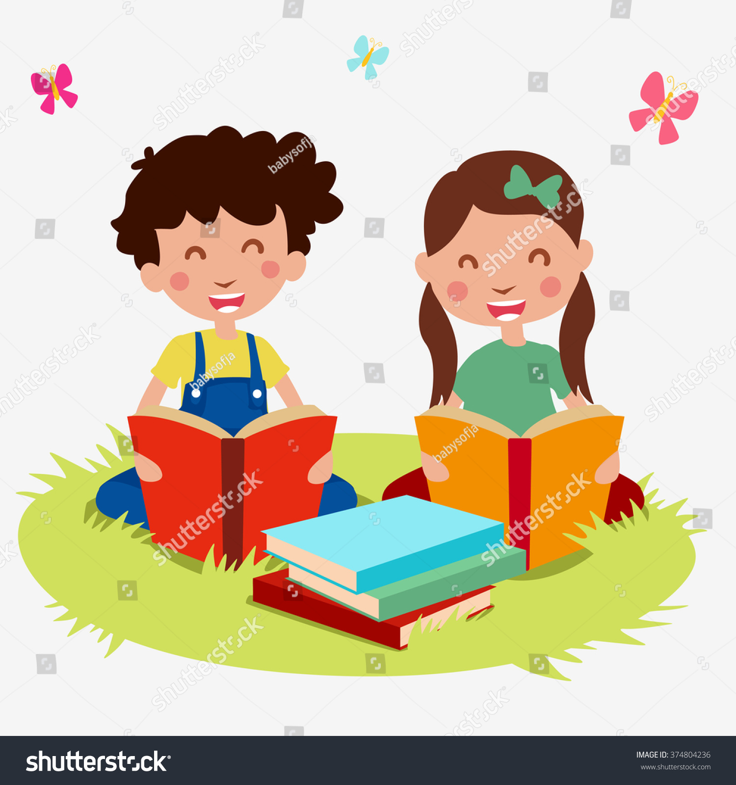 Kids Read Book Cartoon Vector Stok Vektör (Telifsiz) 374804236 ...