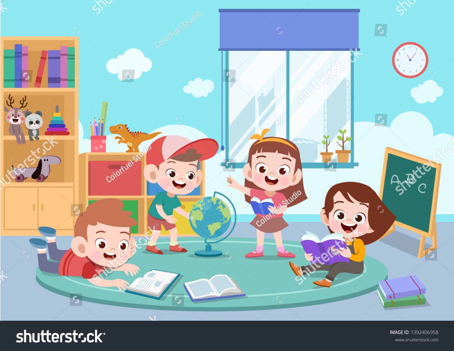 Kids Study Together Vector Illustration Stock Vector (Royalty Free ...