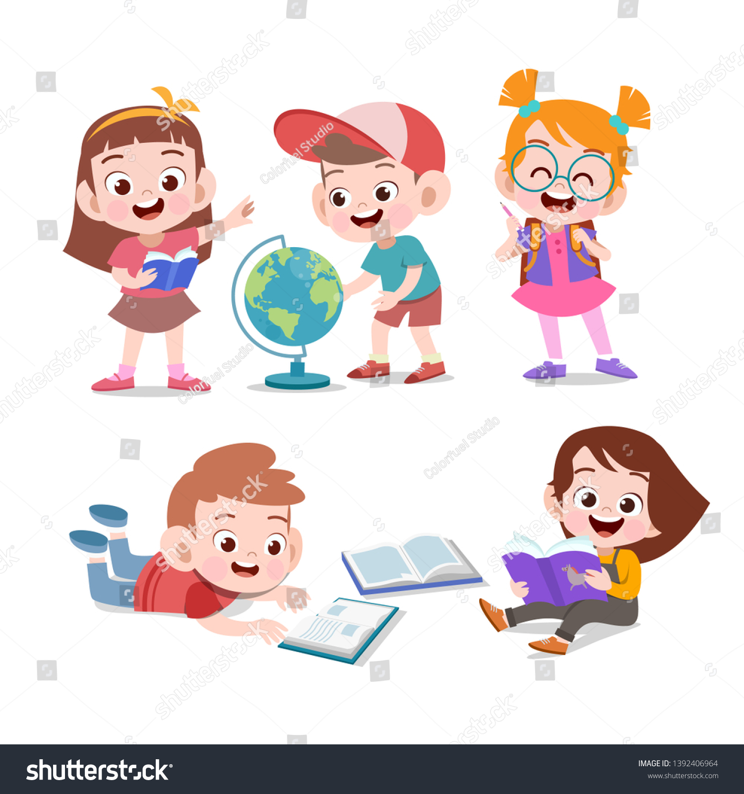 Kids Study Together Vector Illustration: เวกเตอร์สต็อก (ปลอดค่า ...