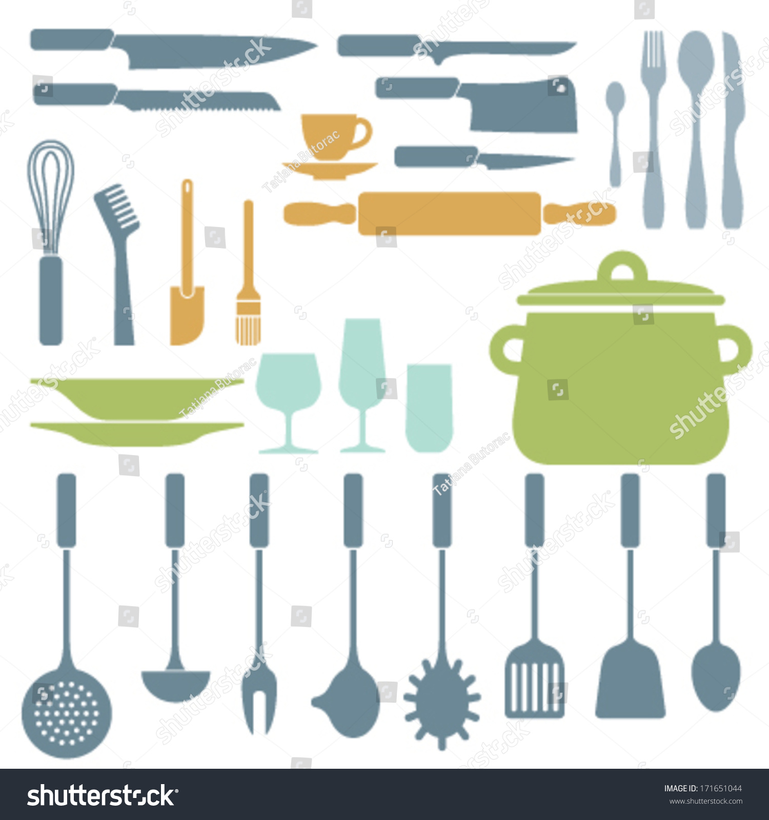 Kitchen Utensils Color Silhouette Elements Stock Vector Illustration ...