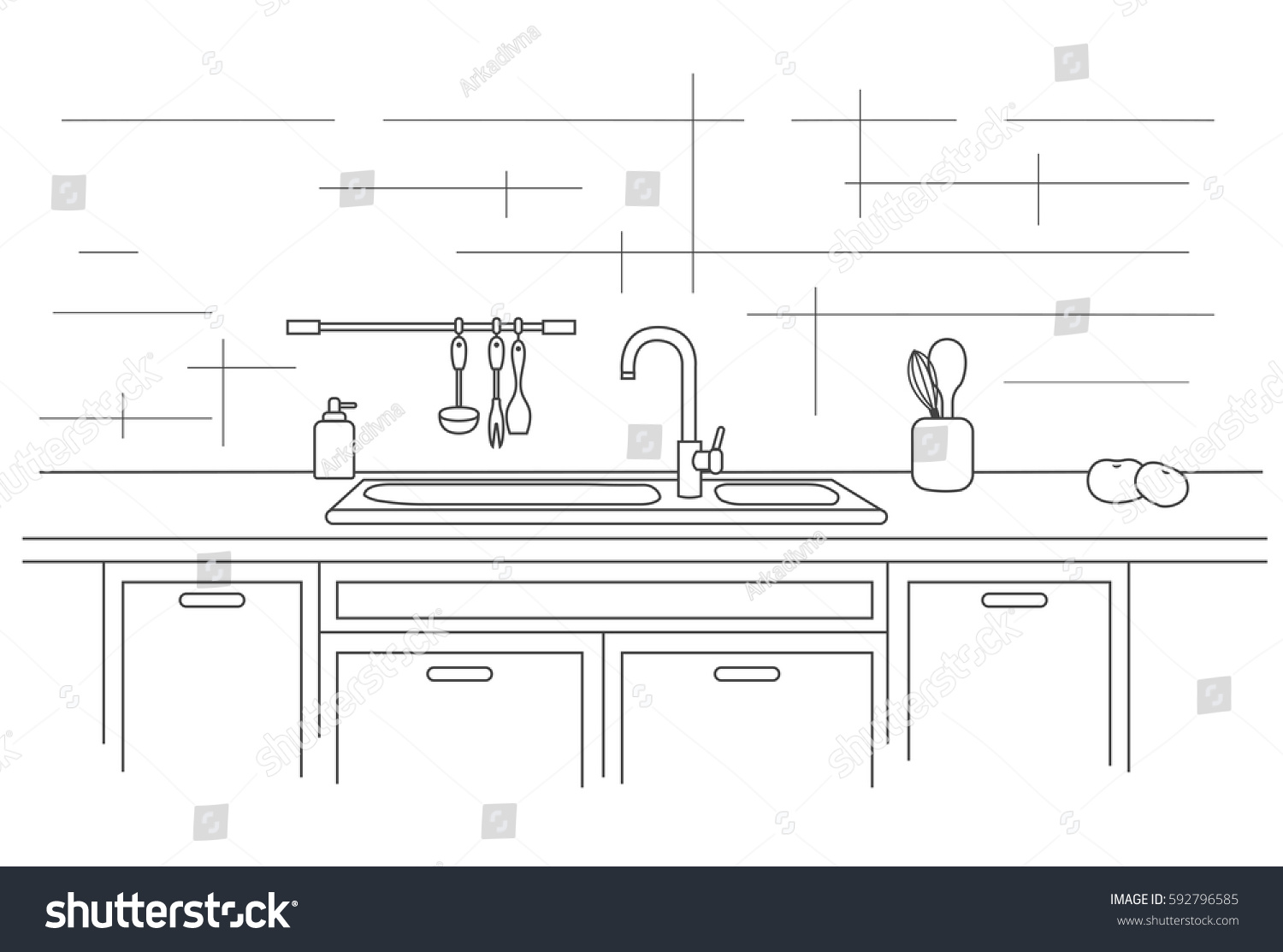 Kitchen Worktop Sink Linear Vector Illustration Stock Vector (Royalty ...