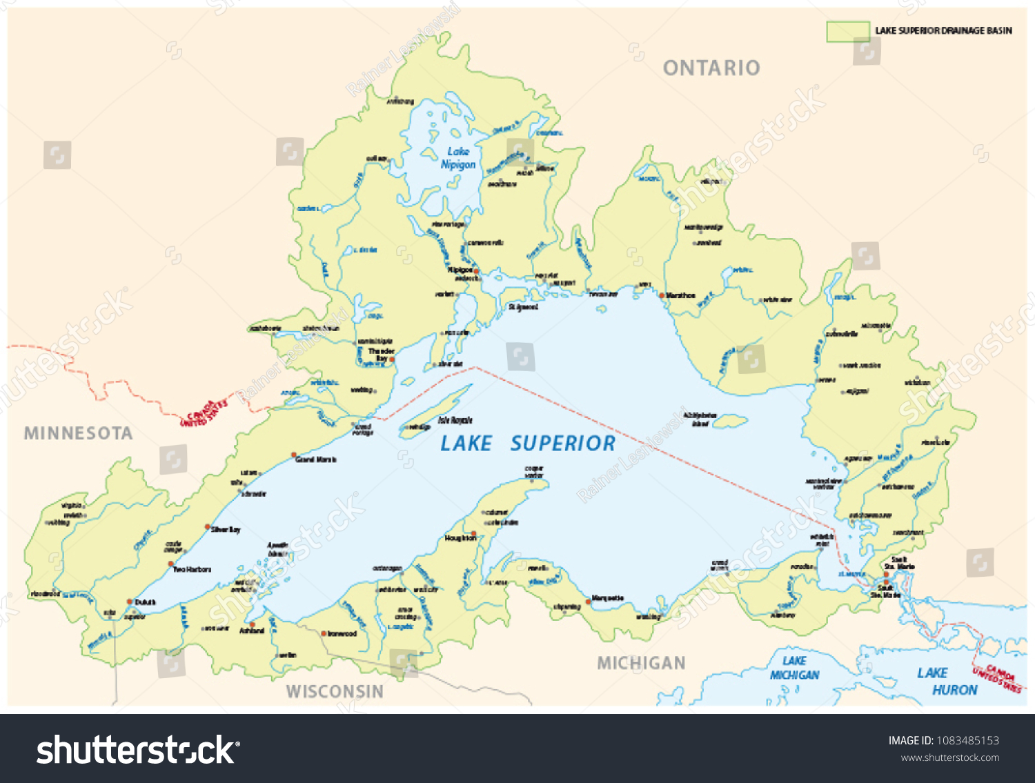 Lake Superior Drainage Basin Vector Map Stock Vector (Royalty Free ...