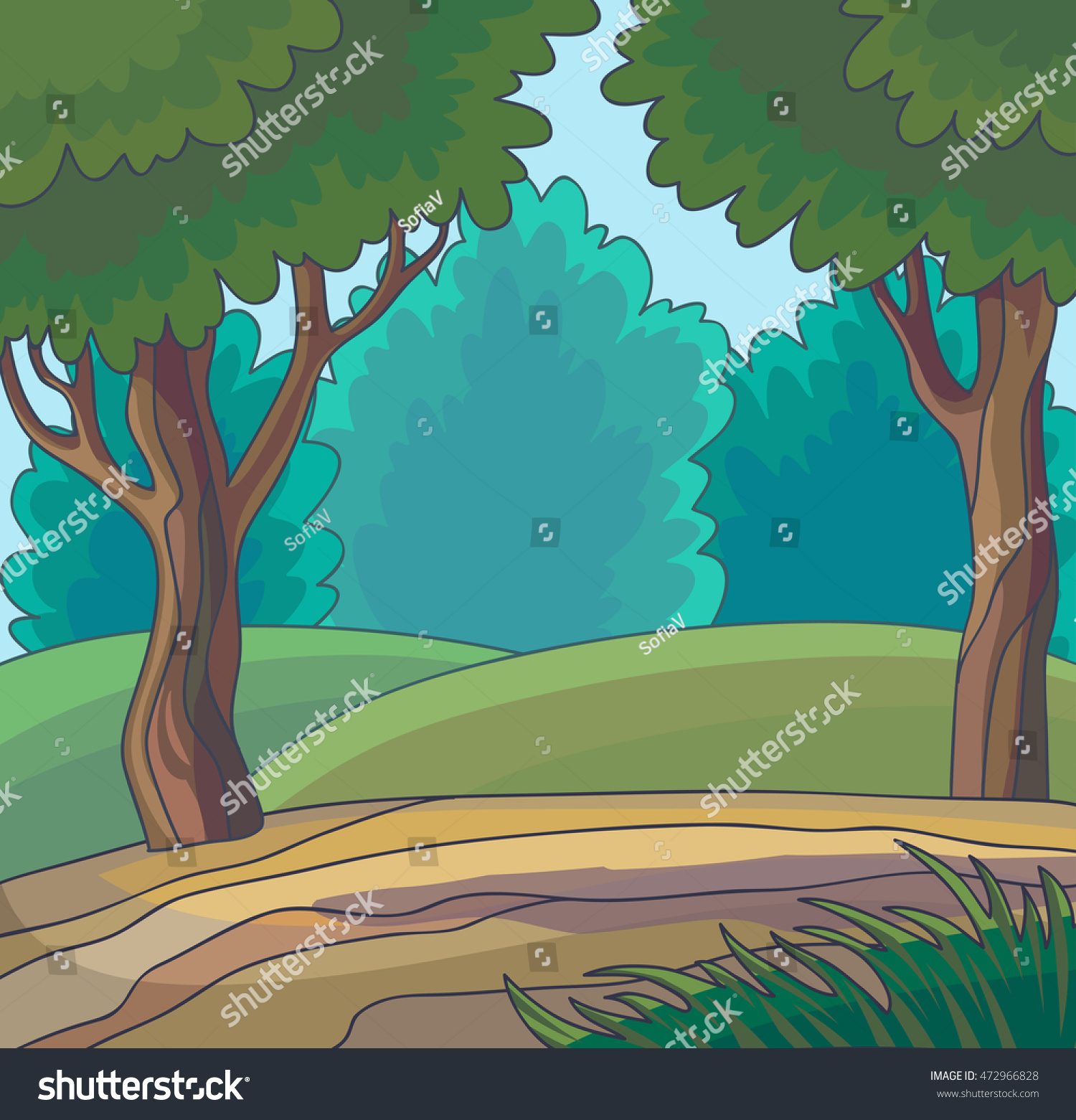 Vektor Stok Landscape Trees Cartoon Forest Background Vector (Tanpa ...