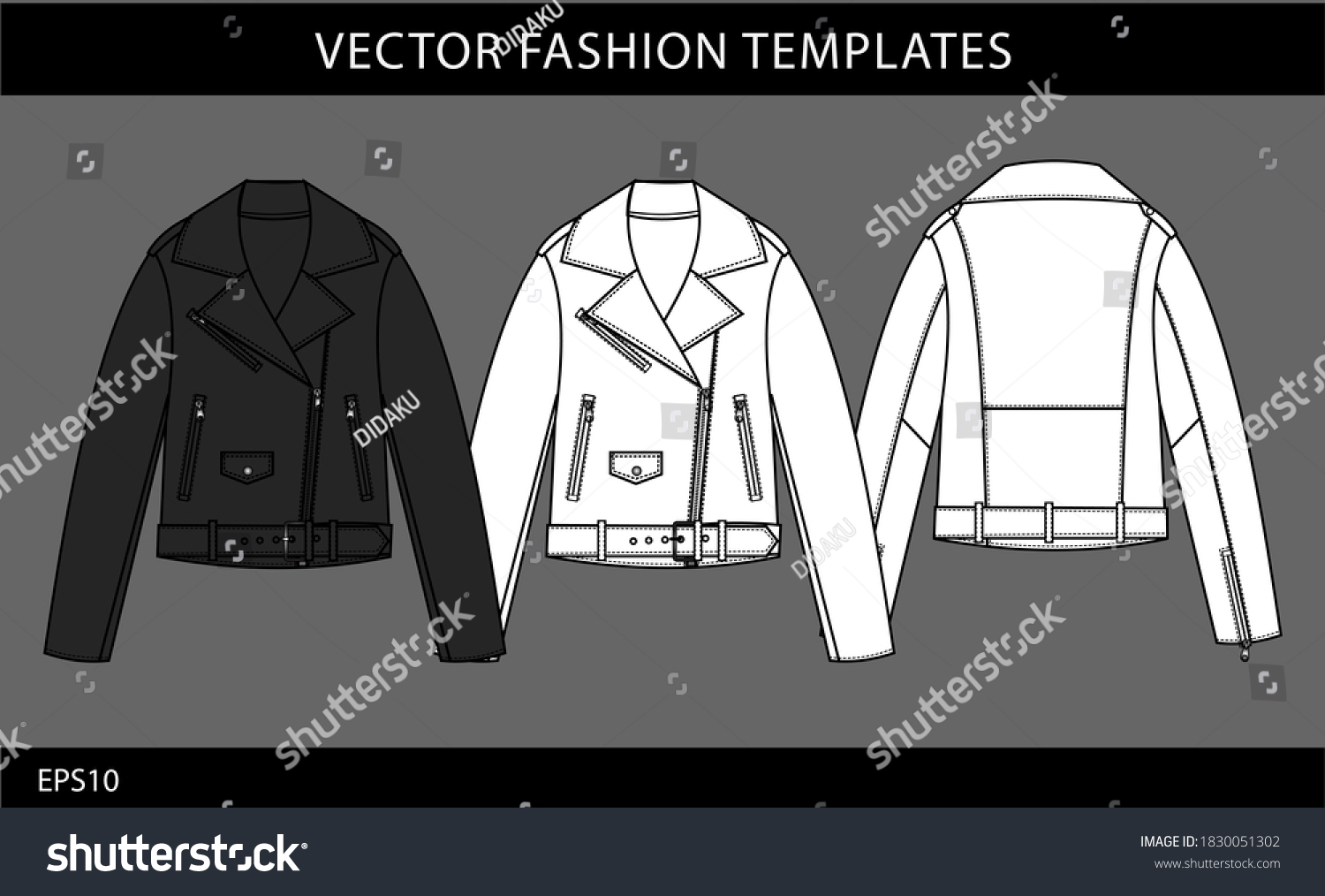 Vektor Stok Leather Jacket Jacket Front Back View (Tanpa Royalti ...