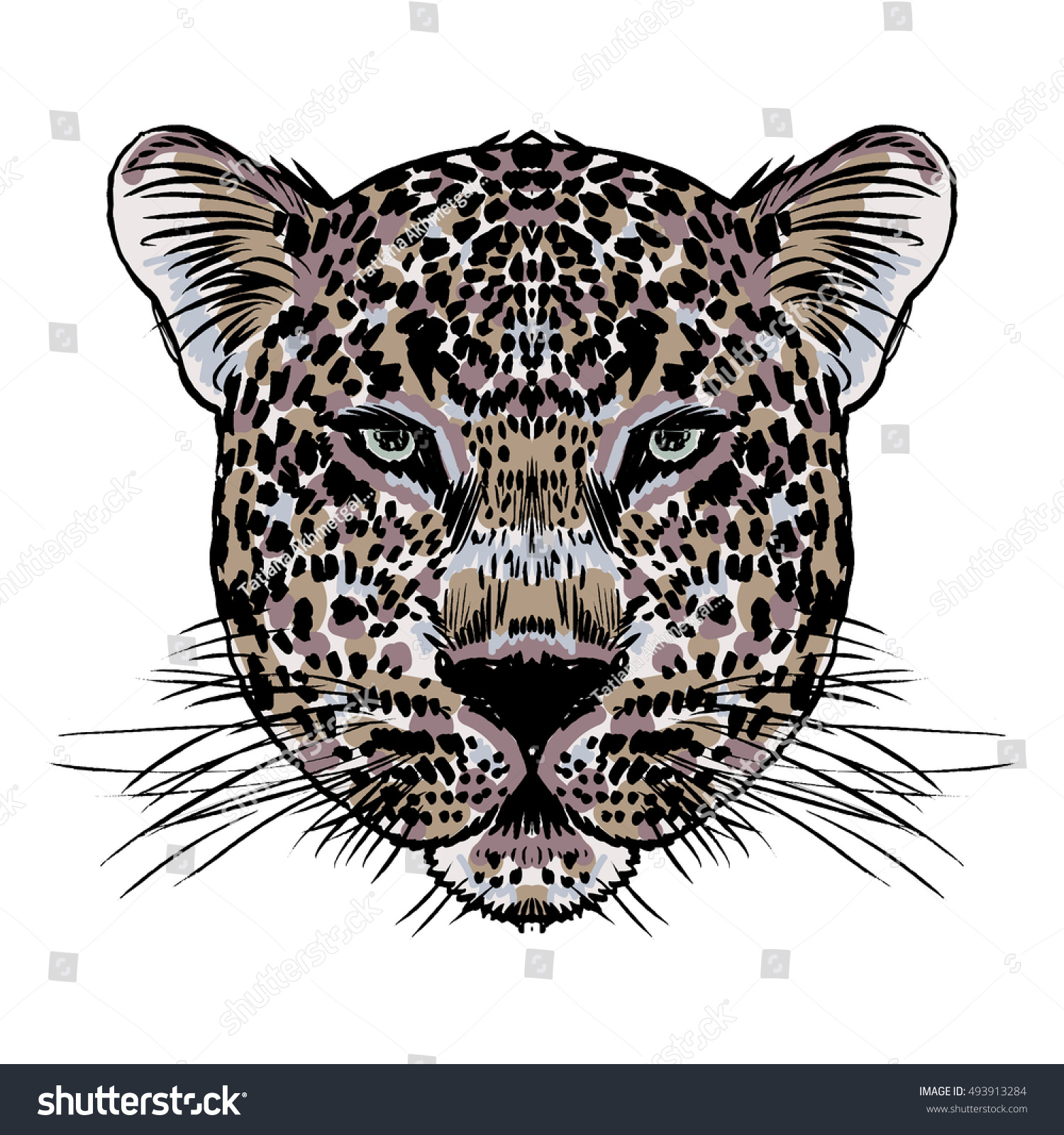 Vektor Stok Leopard Face Tattoo Vector Illustration Print (Tanpa ...