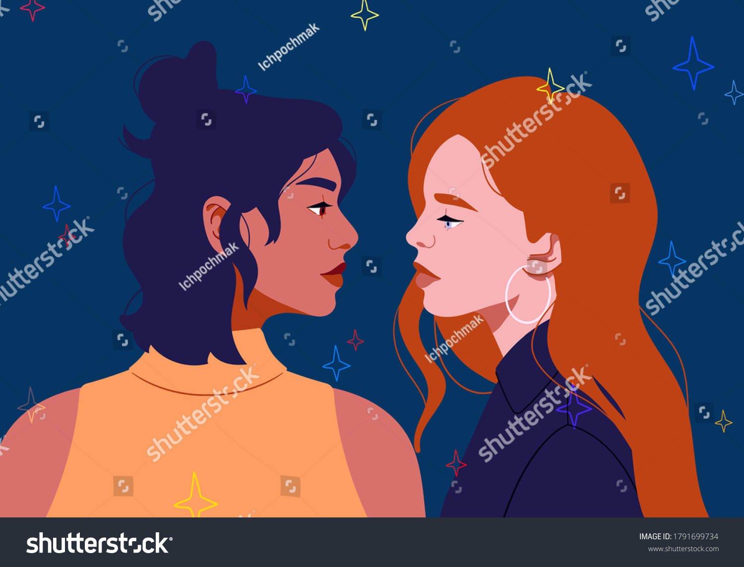 Lesbian Couple Portrait Two Beautiful Girls Stock Vector Royalty Free