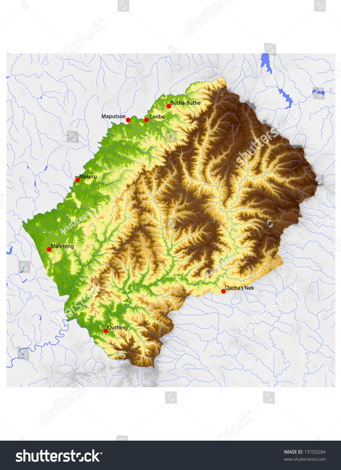 Lesotho Physical Vector Map Colored According: เวกเตอร์สต็อก (ปลอดค่า ...