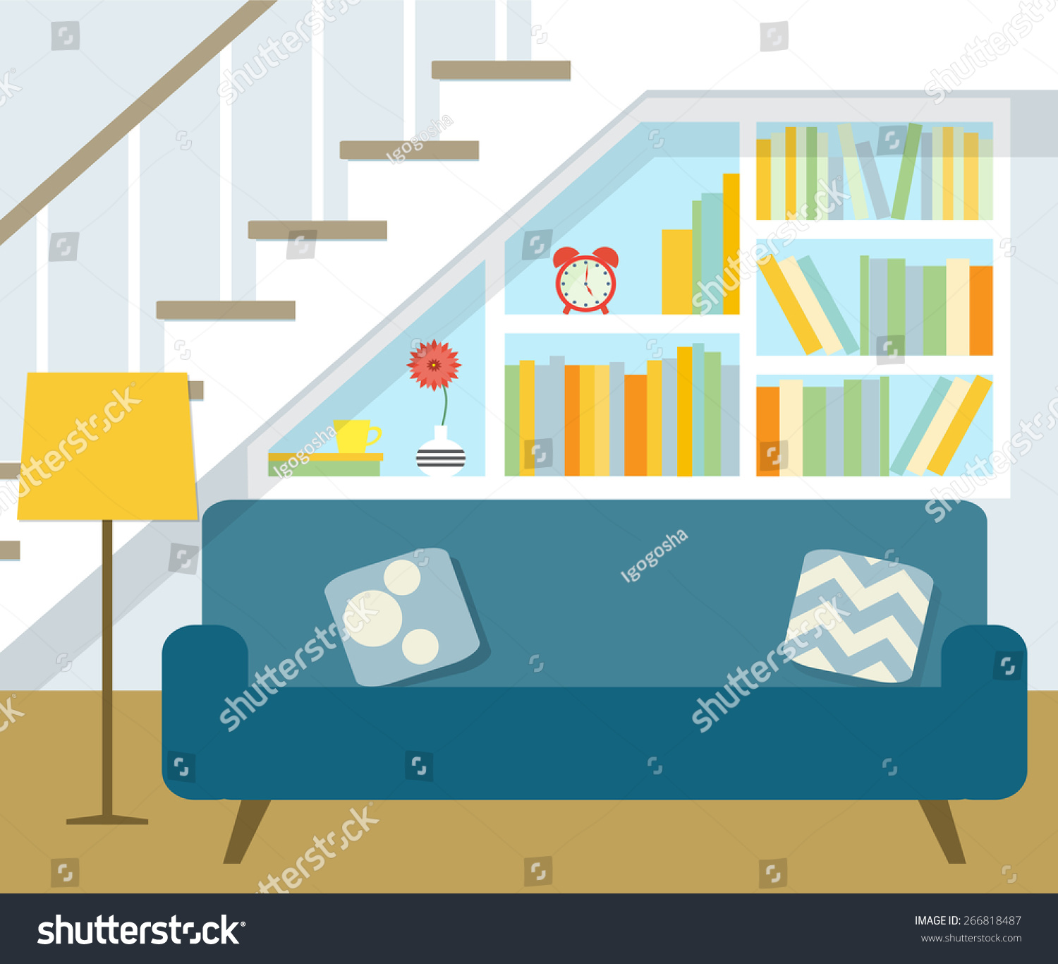 Library Under Stairs Flat Vector Illustration Stock Vector (Royalty ...
