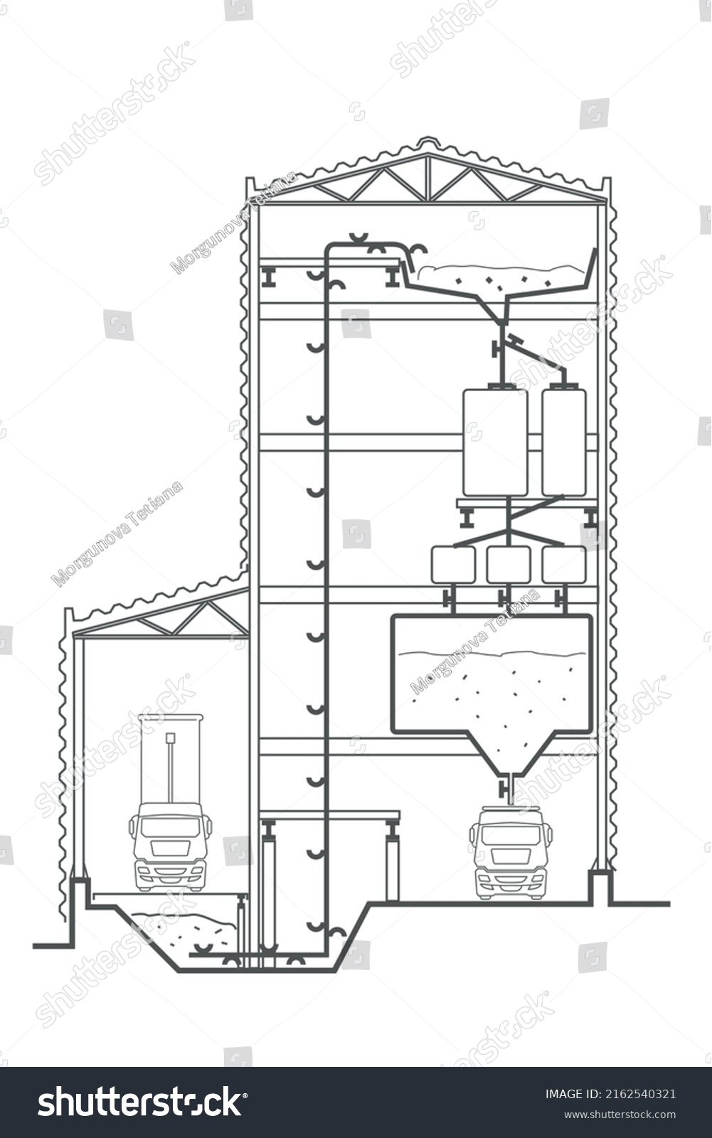 Linear Architectural Sketch Factory Section Elevator Stock Vector ...