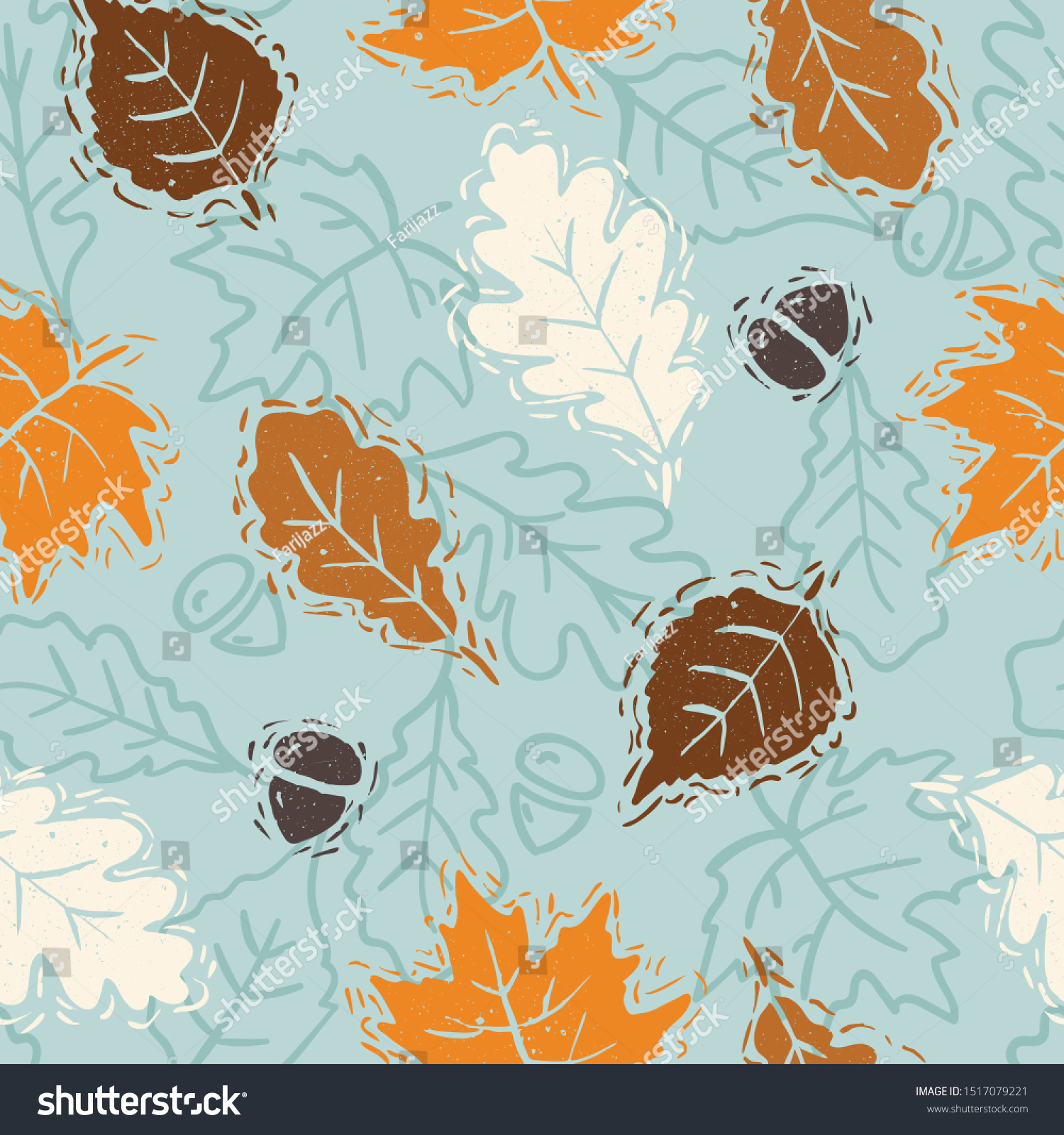 Linocut Autumn Fall Leaves Vector Seamless Stock Vector (Royalty Free ...
