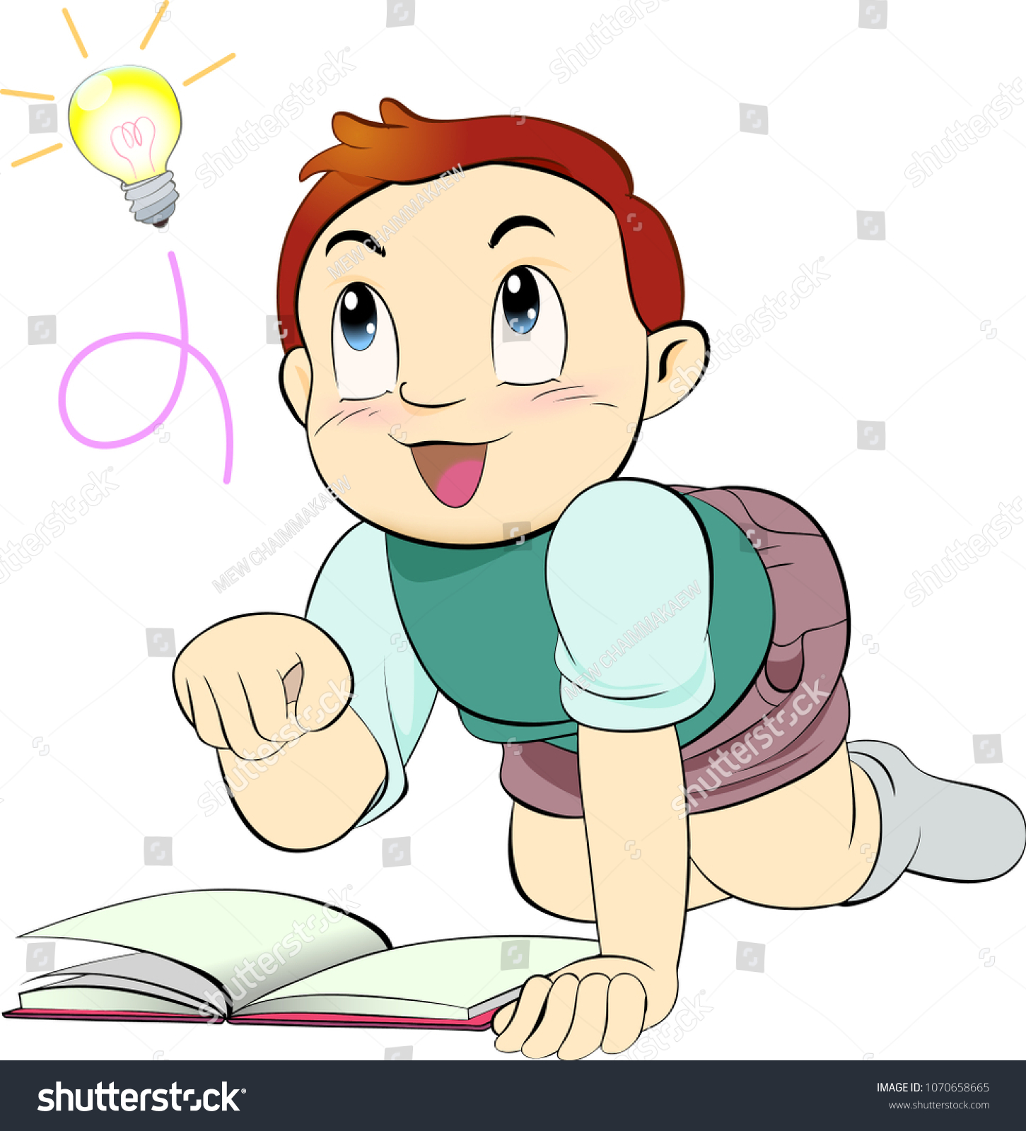 Little Boy Thinking While Reading Bookvector: Stock-Vektorgrafik ...