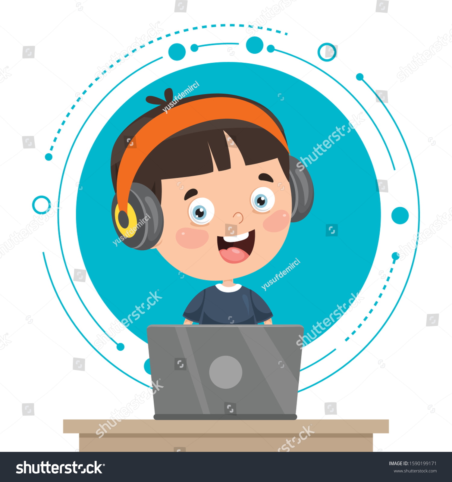 Little Happy Kid Using Technology Stock Vector (Royalty Free ...