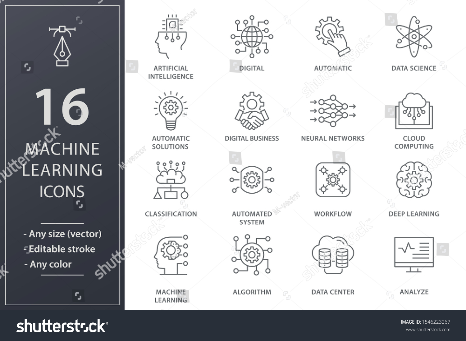 Machine Learning Line Icons Set Artificial Stock Vector (Royalty Free ...
