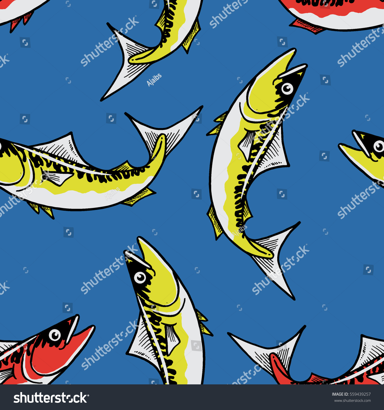 Mackerel Fish Drawing Illustration Seamless Pattern Stock Vector ...